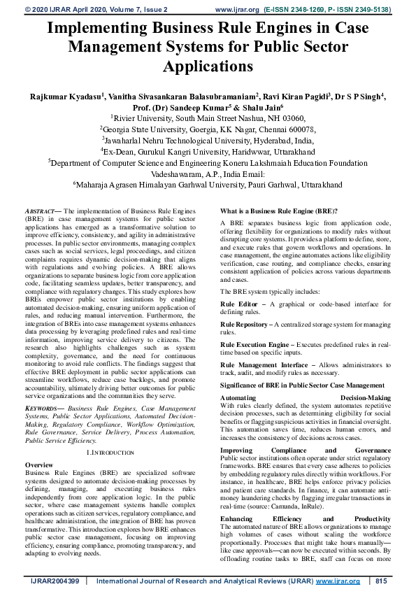 (PDF) Implementing Business Rule Engines in Case Management Systems for Public Sector Applications