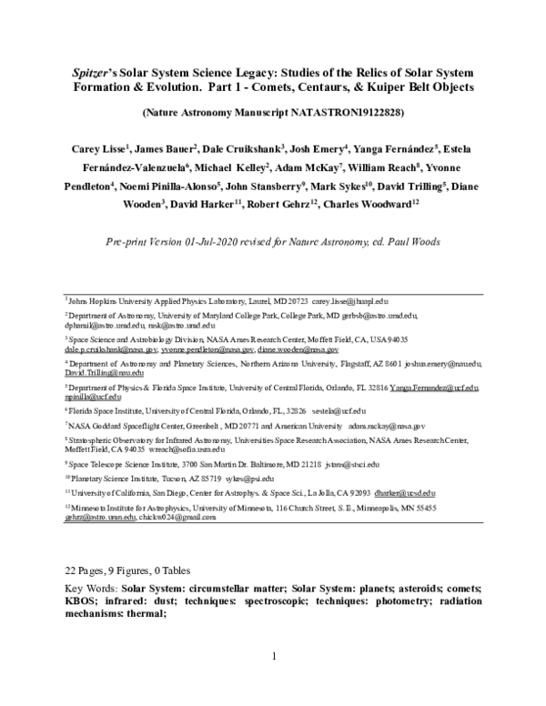 (PDF) Spitzer's Solar System Science Legacy: Studies of the Relics of ...