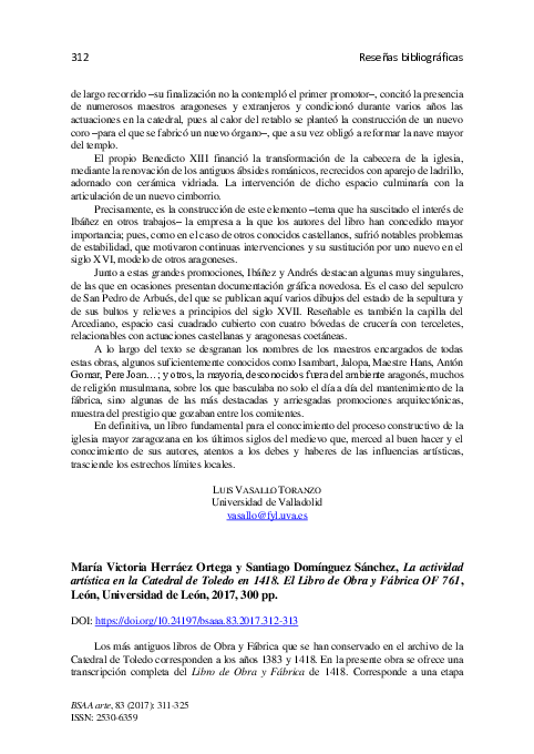 (PDF) La actividad artística en la Catedral de Toledo en 1418. El Libro de Obra y Fábrica OF 761