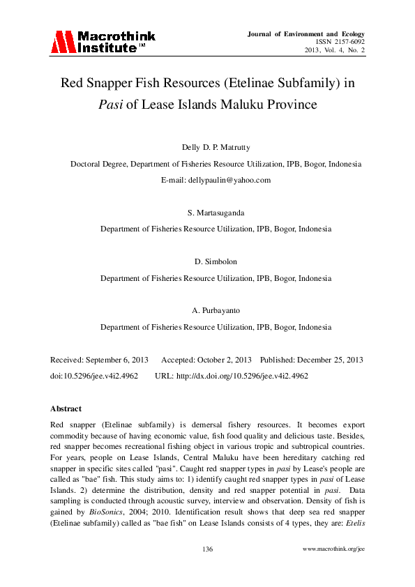 (PDF) Red Snapper Fish Resources (Etelinae Subfamily) in Pasi of Lease ...