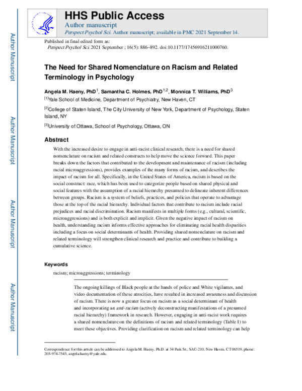 (PDF) The Need for Shared Nomenclature on Racism and Related ...