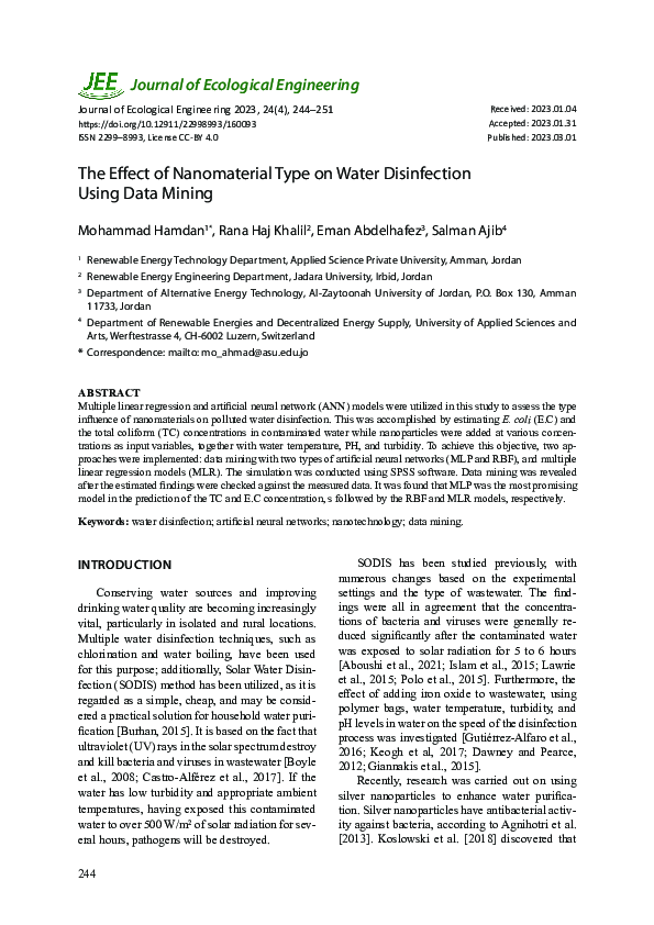 (PDF) The Effect of Nanomaterial Type on Water Disinfection Using Data ...