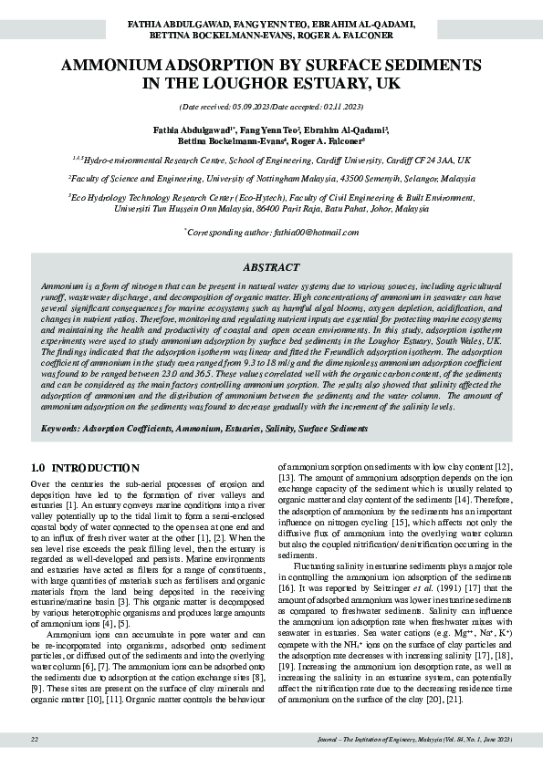 (PDF) Ammonium Adsorption by Surface Sediments in the Loughor Estuary, UK | Bettina Bockelmann ...