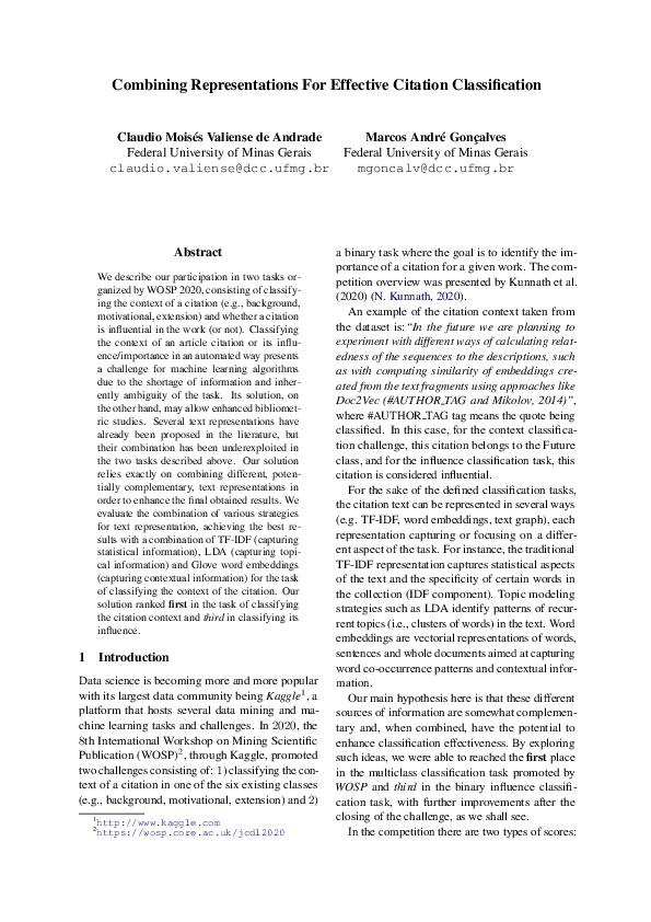 (PDF) Combining Representations For Effective Citation Classification