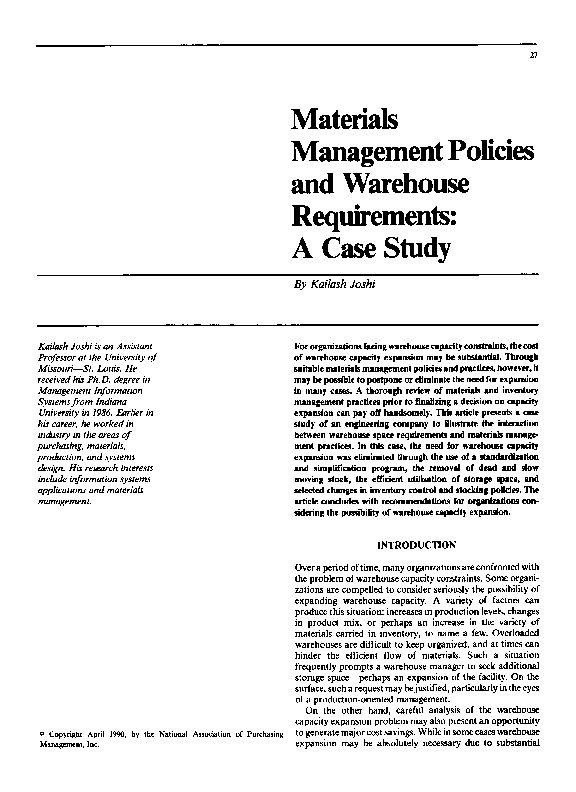 (PDF) Materials Management Policies and Warehouse Requirements: A Case ...