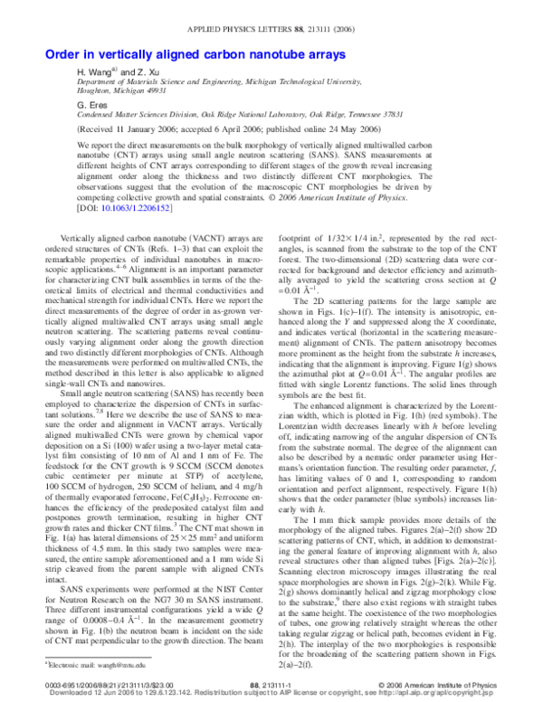 (PDF) Order in vertically aligned carbon nanotube arrays | gyula eres ...