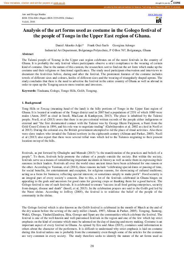 (PDF) Analysis of the art forms used as costume in the Gologo festival of the people of Tongo in ...