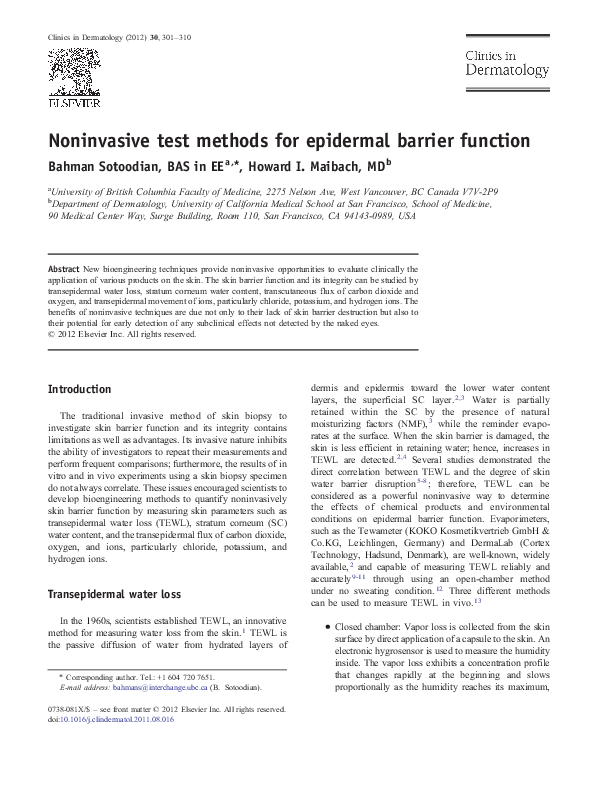 (PDF) Noninvasive test methods for epidermal barrier function | Howard ...