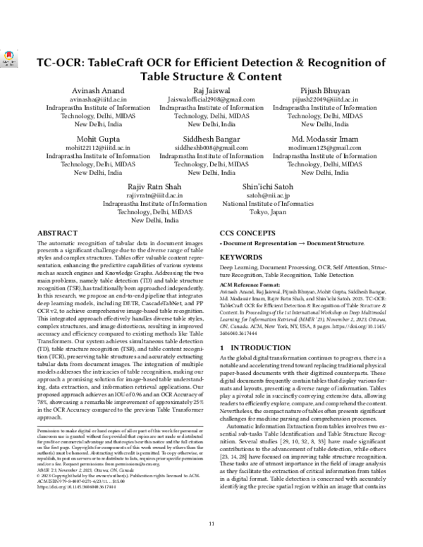 (PDF) TC-OCR: TableCraft OCR for Efficient Detection & Recognition of Table Structure & Content