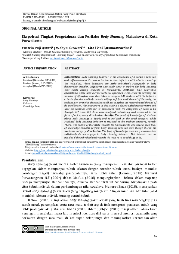 (PDF) Ekspolrasi Tingkat Pengetahuan dan Perilaku Body Shaming Mahasiswa di Kota Purwokerto