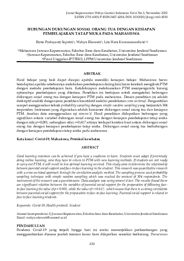 (PDF) Hubungan Dukungan Sosial Orang Tua Dengan Kesiapan Pembelajaran Tatap Muka Pada Mahasiswa