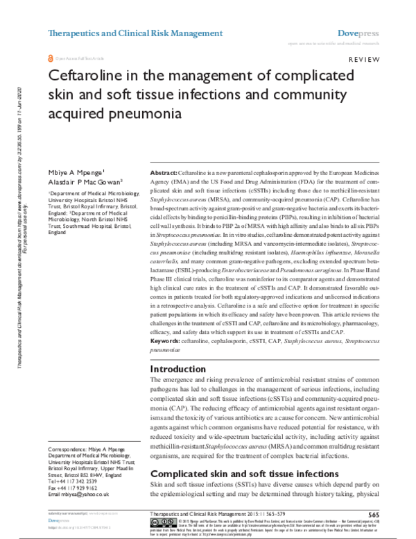 (PDF) Ceftaroline in the management of complicated skin and soft tissue infections and community ...