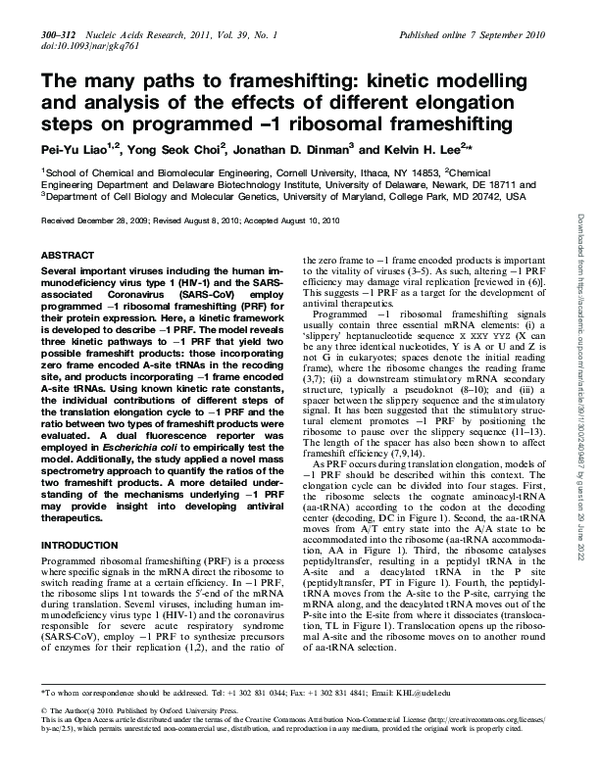 (PDF) The many paths to frameshifting: kinetic modelling and analysis ...