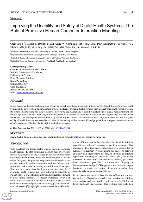 (PDF) Improving the Usability and Safety of Digital Health Systems: The Role of Predictive Human ...