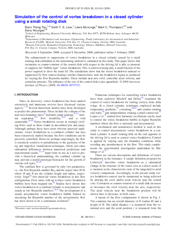 (PDF) Simulation of the control of vortex breakdown in a closed ...