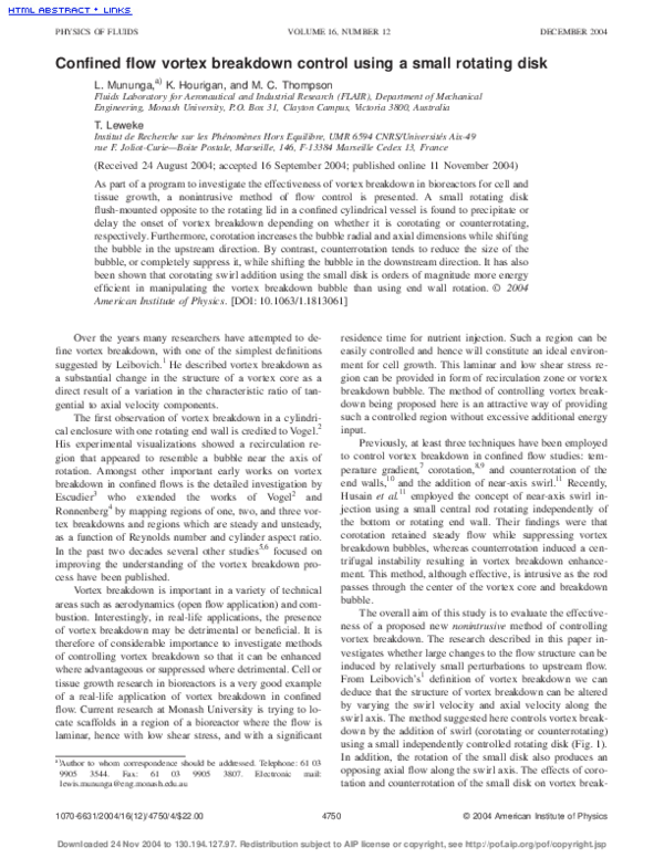 (PDF) Confined flow vortex breakdown control using a small rotating disk