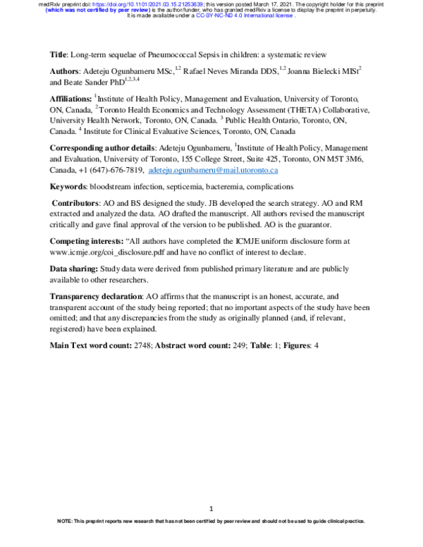 (PDF) Long-term sequelae of Pneumococcal Sepsis in children: a systematic review