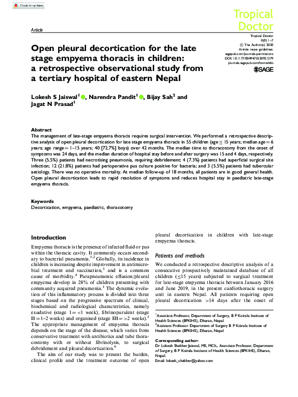 (PDF) Open pleural decortication for the late stage empyema thoracis in ...