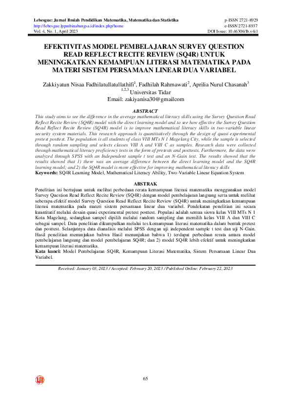 (PDF) Efektivitas Model Pembelajaran Survey Question Read Reflect ...