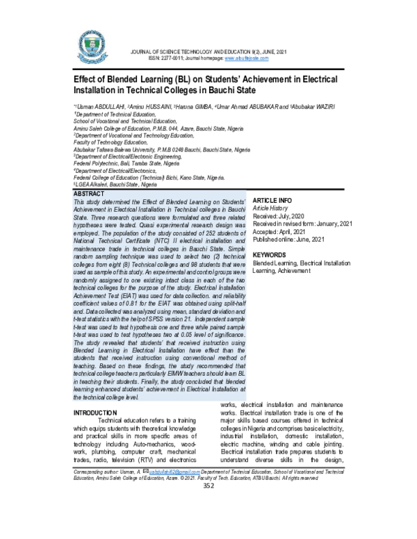 (PDF) Effect of Blended Learning (BL) on Students’ Achievement in Electrical Installation in ...
