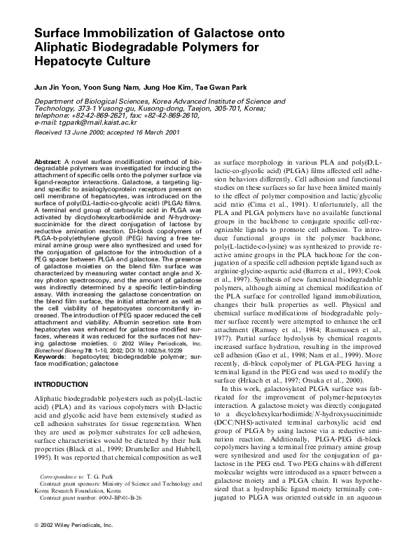 (PDF) Surface immobilization of galactose onto aliphatic biodegradable ...