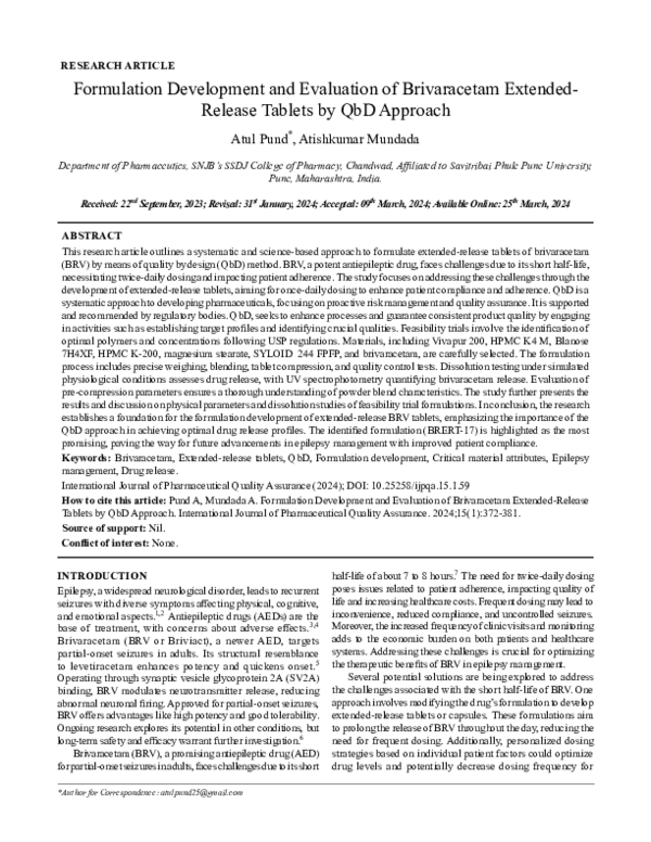 (PDF) Formulation Development and Evaluation of Brivaracetam Extended-Release Tablets by QbD ...