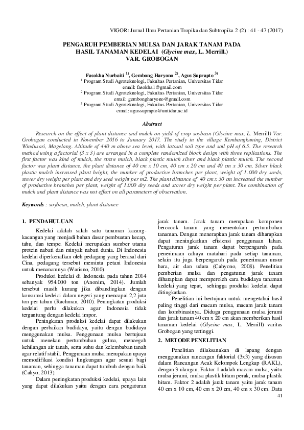 (PDF) PENGARUH PEMBERIAN MULSA DAN JARAK TANAM PADA HASIL TANAMAN KEDELAI (Glycine max, L ...