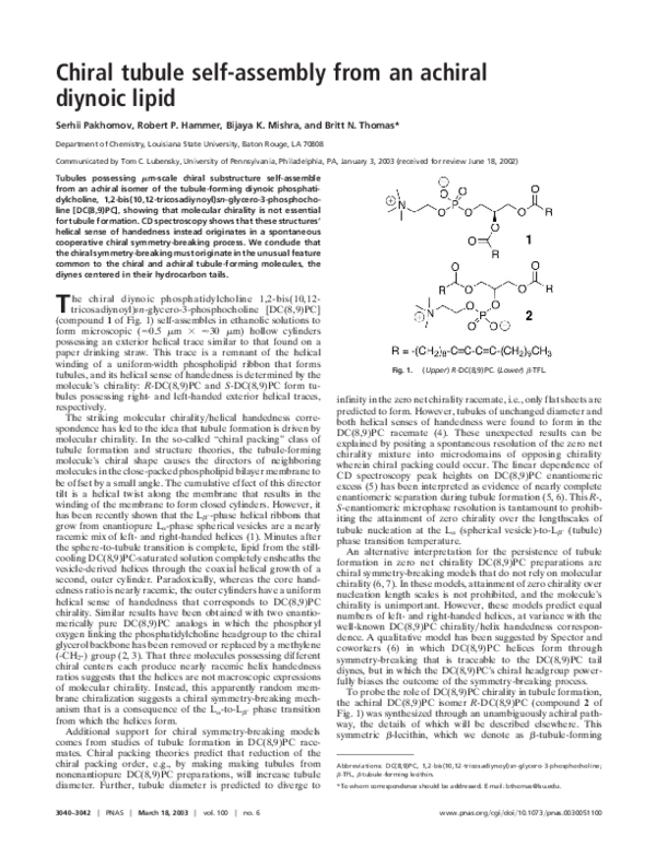 (PDF) Chiral tubule self-assembly from an achiral diynoic lipid ...