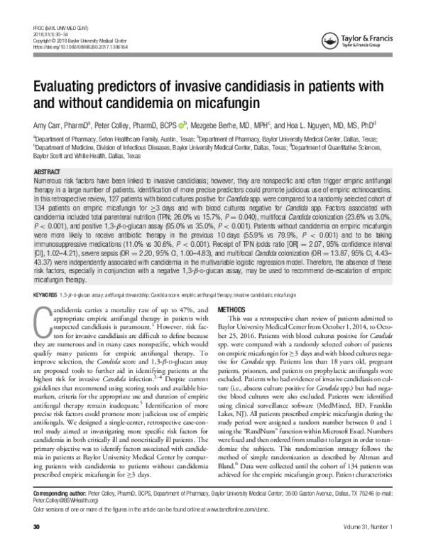 (PDF) Evaluating predictors of invasive candidiasis in patients with and without candidemia on ...