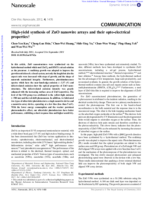 (PDF) High-yield synthesis of ZnO nanowire arrays and their opto ...