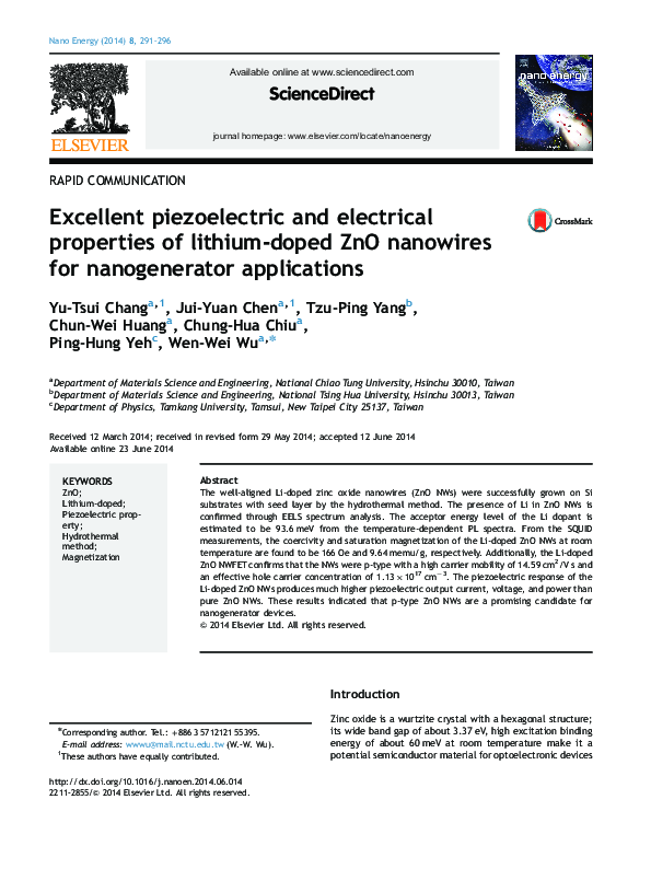 (PDF) Excellent piezoelectric and electrical properties of lithium-doped ZnO nanowires for ...
