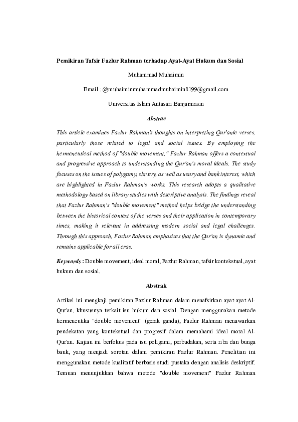 (PDF) Pemikiran Tafsir Fazlur Rahman terhadap Ayat-Ayat Hukum dan Sosial