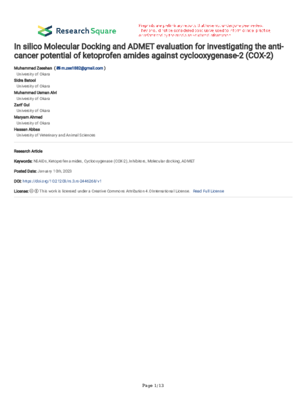 (PDF) In silico Molecular Docking and ADMET evaluation for investigating the anti-cancer ...