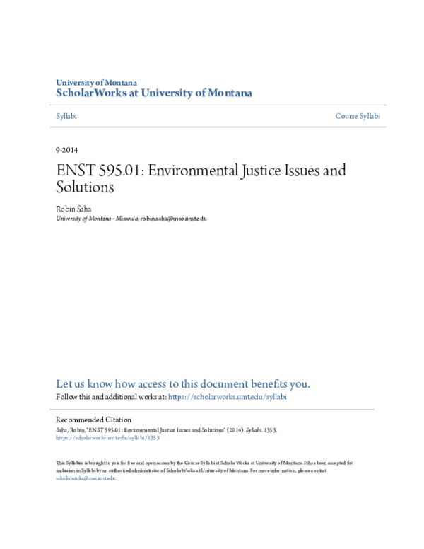 (PDF) ENST 595.01: Environmental Justice Issues and Solutions