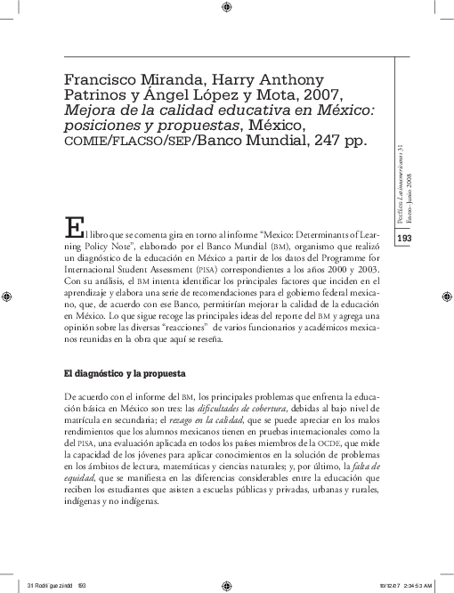 (PDF) Mejora de la calidad educativa en México: posiciones y propuestas, de Francisco Miranda ...