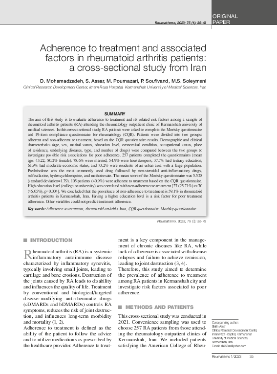 (PDF) Adherence to treatment and associated factors in rheumatoid arthritis patients: a cross ...