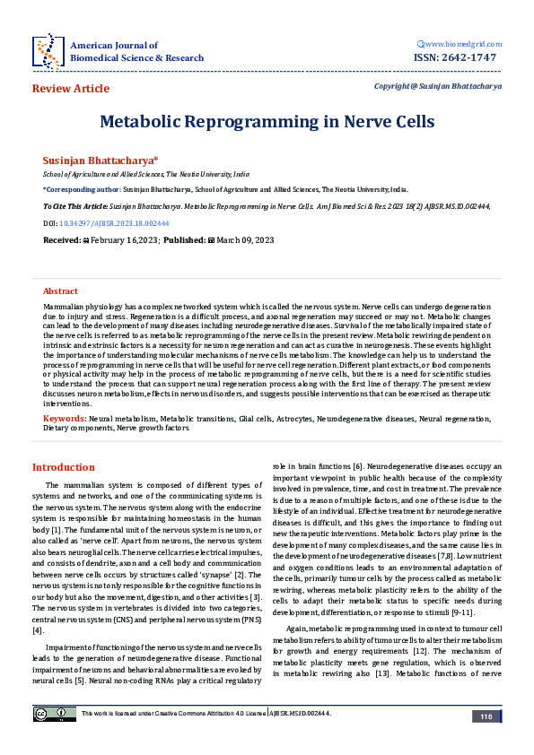 (PDF) Metabolic Reprogramming in Nerve Cells