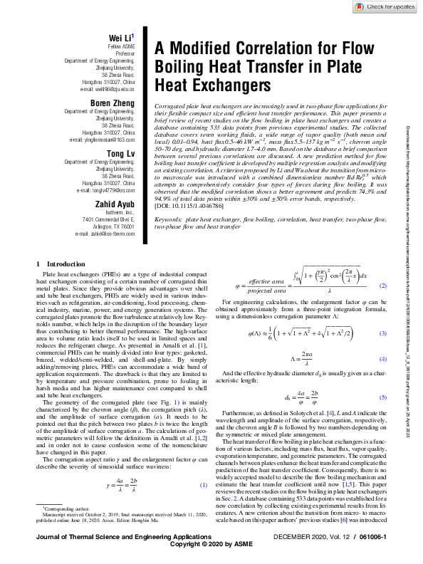 (PDF) A Modified Correlation for Flow Boiling Heat Transfer in Plate Heat Exchangers | Zahid ...