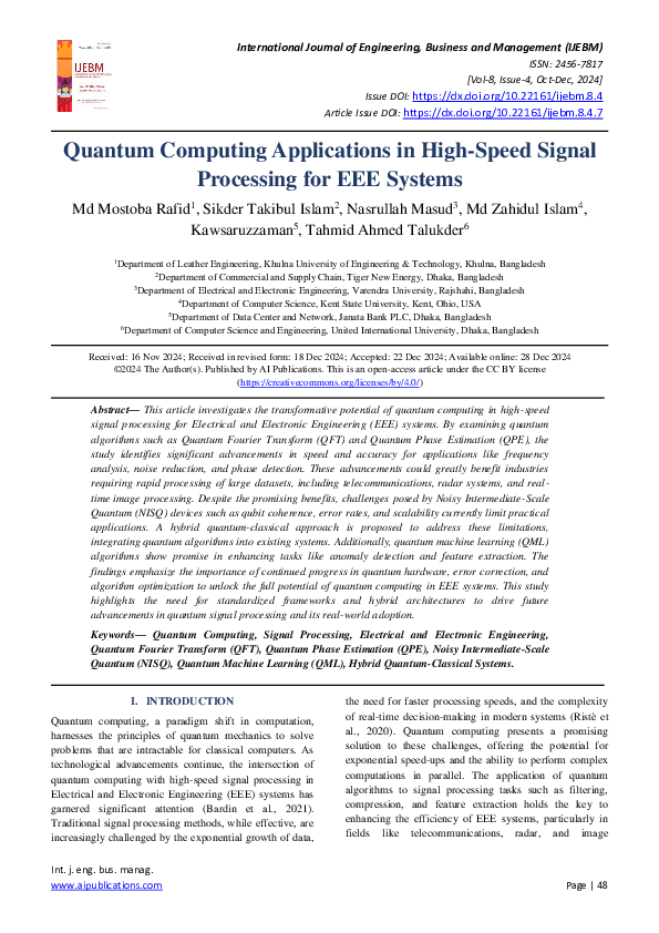 (PDF) Quantum Computing Applications in High-Speed Signal Processing for EEE Systems