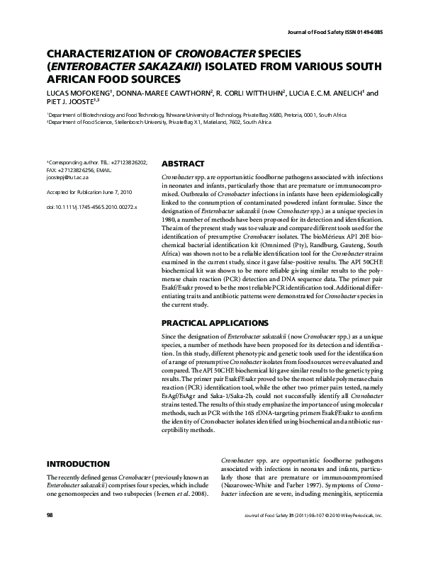 (PDF) Characterization of Cronobacter Species (Enterobacter Sakazakii ...