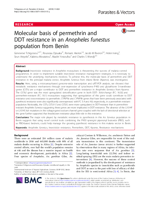 (PDF) Molecular basis of permethrin and DDT resistance in an Anopheles funestus population from ...