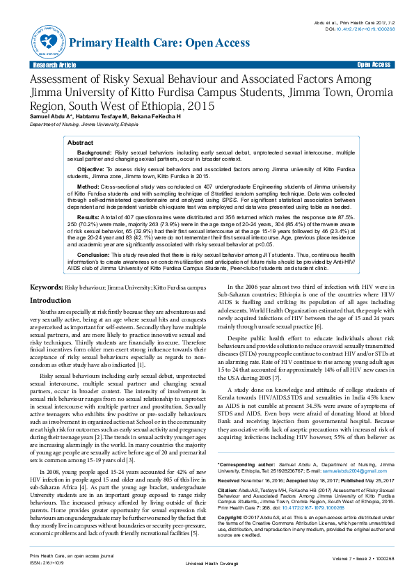 (PDF) Assessment of Risky Sexual Behaviour and Associated Factors Among Jimma University of ...