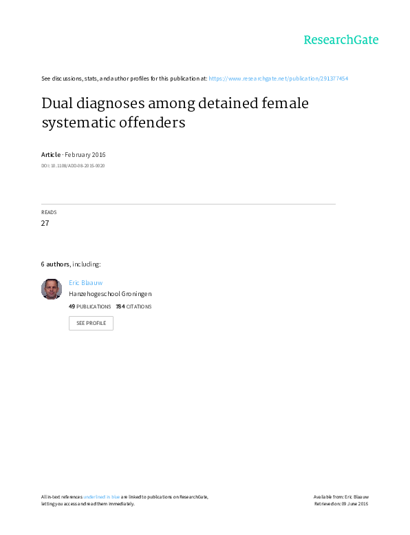 (PDF) Dual diagnoses among detained female systematic offenders
