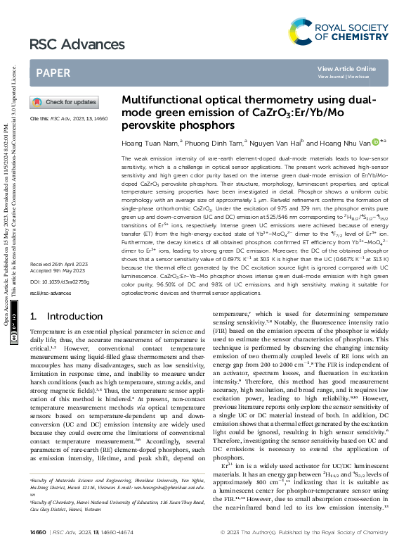 (PDF) Multifunctional optical thermometry using dual-mode green ...