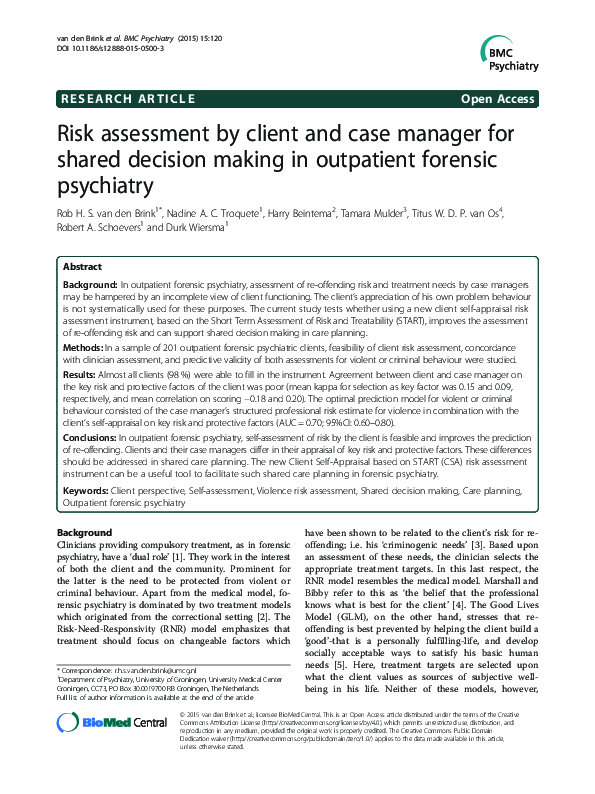 (PDF) Risk assessment by client and case manager for shared decision ...