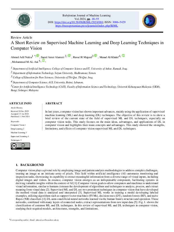 (PDF) A Short Review on Supervised Machine Learning and Deep Learning Techniques in Computer Vision