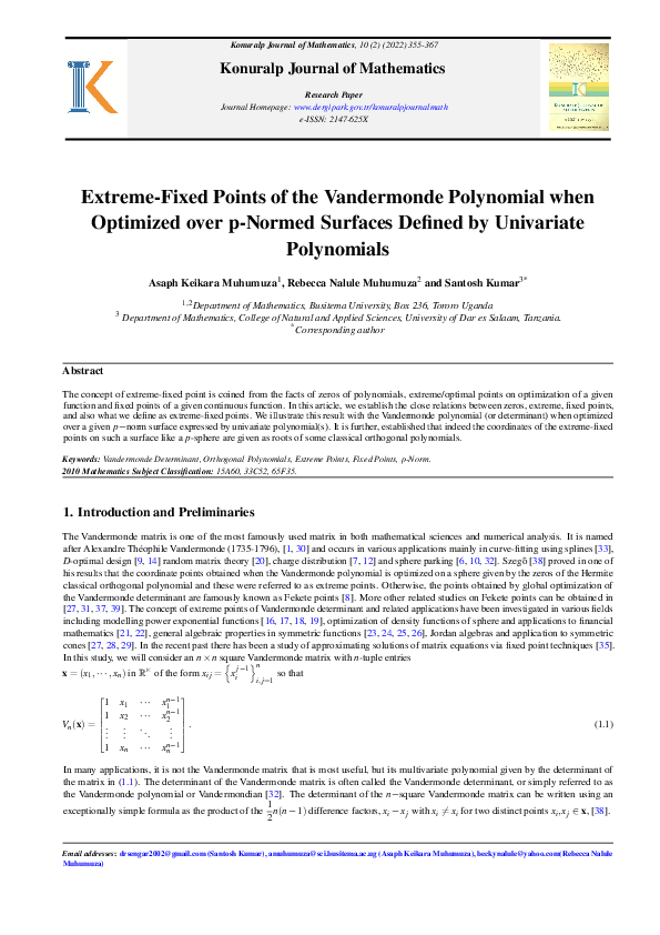 (PDF) Extreme-Fixed Points of the Vandermonde Polynomial when Optimized over p-Normed Surfaces ...