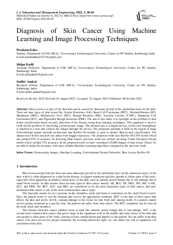 (PDF) Diagnosis of Skin Cancer Using Machine Learning and Image ...