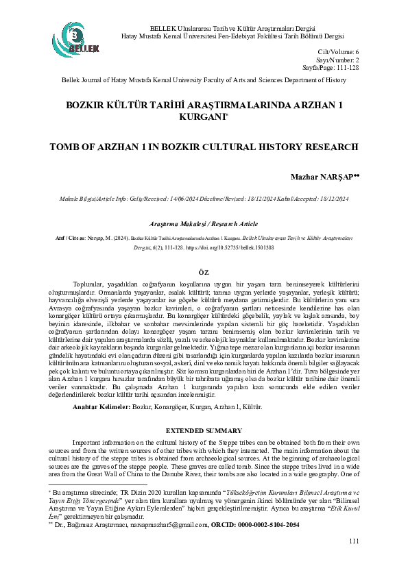 (PDF) Bozkır Kültür Tarihi Araştırmalarında Arzhan 1 Kurganı