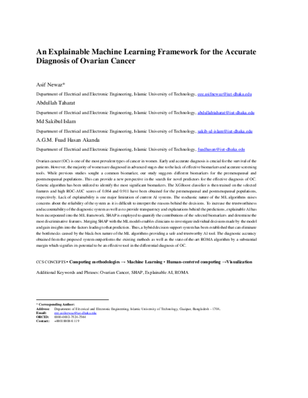 (PDF) An Explainable Machine Learning Framework for the Accurate Diagnosis of Ovarian Cancer
